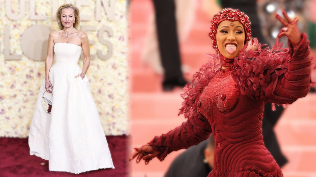 Gillian Anderson pošitá ženským klínem, Cardi B s kamínky vytvořenými ...